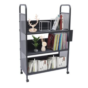 ddbessic rolling book cart, 3 tier book rack storage bookshelf with 3 flat shelves, movable bookcase with wheels utility organizer cart side literature rack