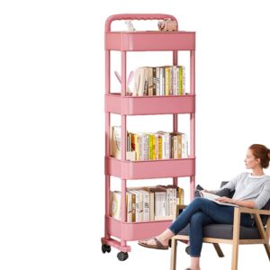 movable bookshelf cart, movable storage book shelves, movable book rack, compact bookshelf on wheels, reusable rolling storage cart movable bookshelf for kitchen, bedroom, living room & laundry room