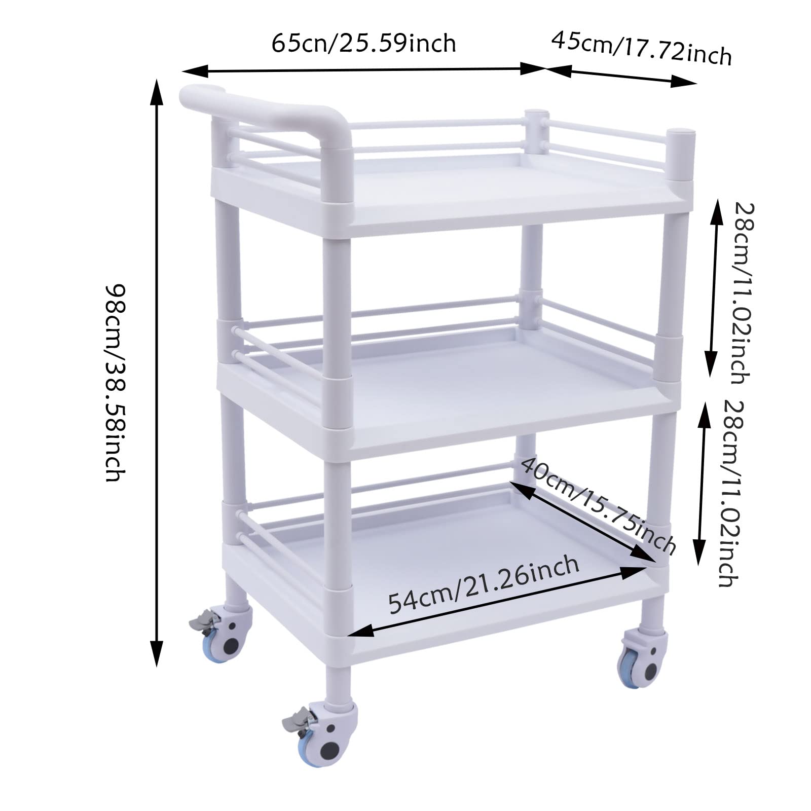 Rolling Utility Cart, 3 Tier Shelf Trolley Cart with Wheels Medical Rolling Cart Large White Mobile Organizer Commercial Hospital Office Lab Cart