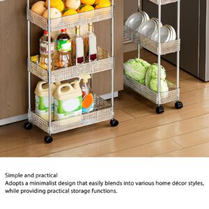 Fockety 3 Tier Rolling Cart, Special Seam Design Slim Storage Cart with Wheels, Versatile and Practical Mobile Storage Rack Mobile Shelving Unit for Kitchen Bathroom Laundry, White (S)