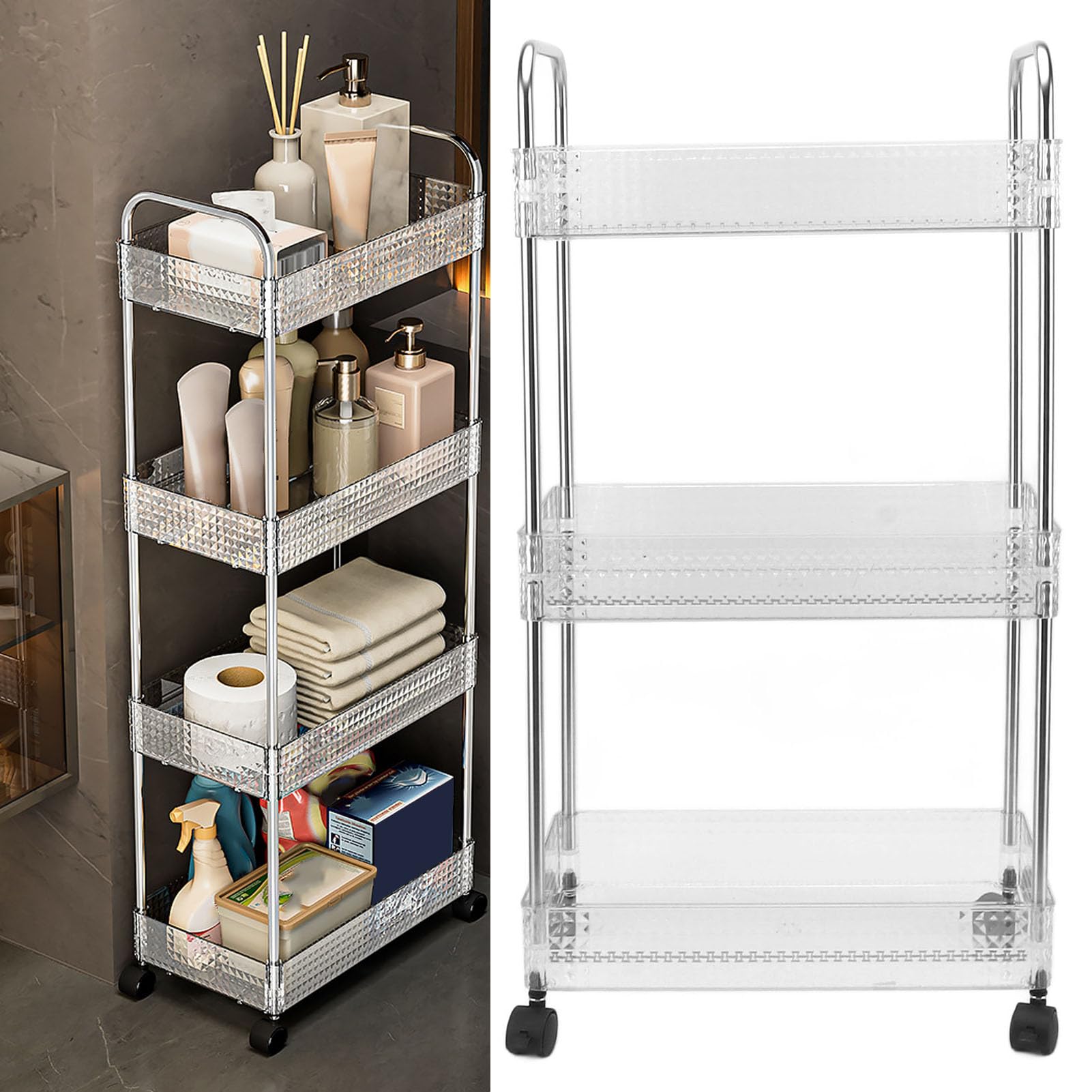 Fockety 3 Tier Rolling Cart, Special Seam Design Slim Storage Cart with Wheels, Versatile and Practical Mobile Storage Rack Mobile Shelving Unit for Kitchen Bathroom Laundry, White (S)