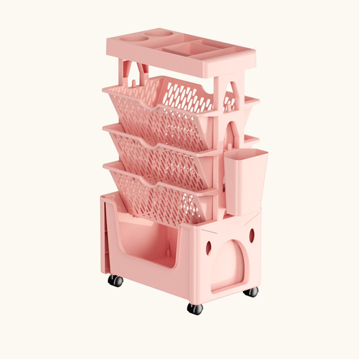 AVSMGP 5-Tier Movable Bookshelf, Rolling Utility Cart Space Saving Standing Shelf Unit Storage Rack Organizer, Multi-Functional Movable Storage Book Shelves for Study Office Kitchen Classroom,Pink