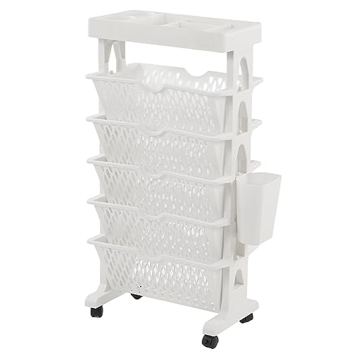 Mobile Shelving, Universal Wheels Tidy Storage 6-Tier Rolling Shelving for Living Room (White)