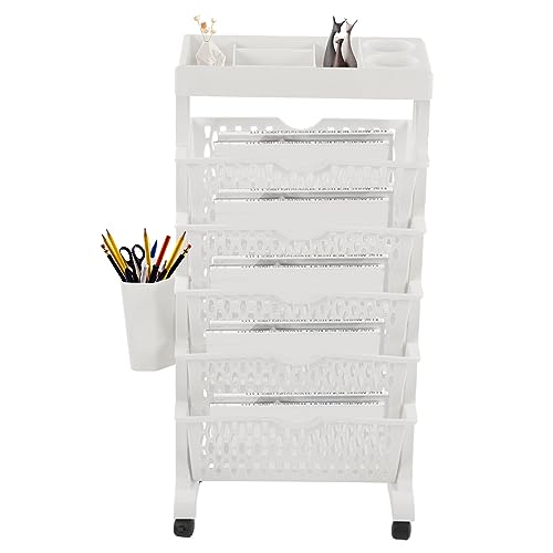 Mobile Shelving, Universal Wheels Tidy Storage 6-Tier Rolling Shelving for Living Room (White)