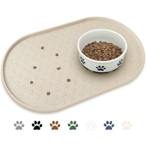 kpwacd pet feeding mat for dogs and cats, silicone dog placemat non-slip waterproof bowl mats prevent food and water overflow, high-lips puppy dish tray mat suitable for large medium small pets, beige