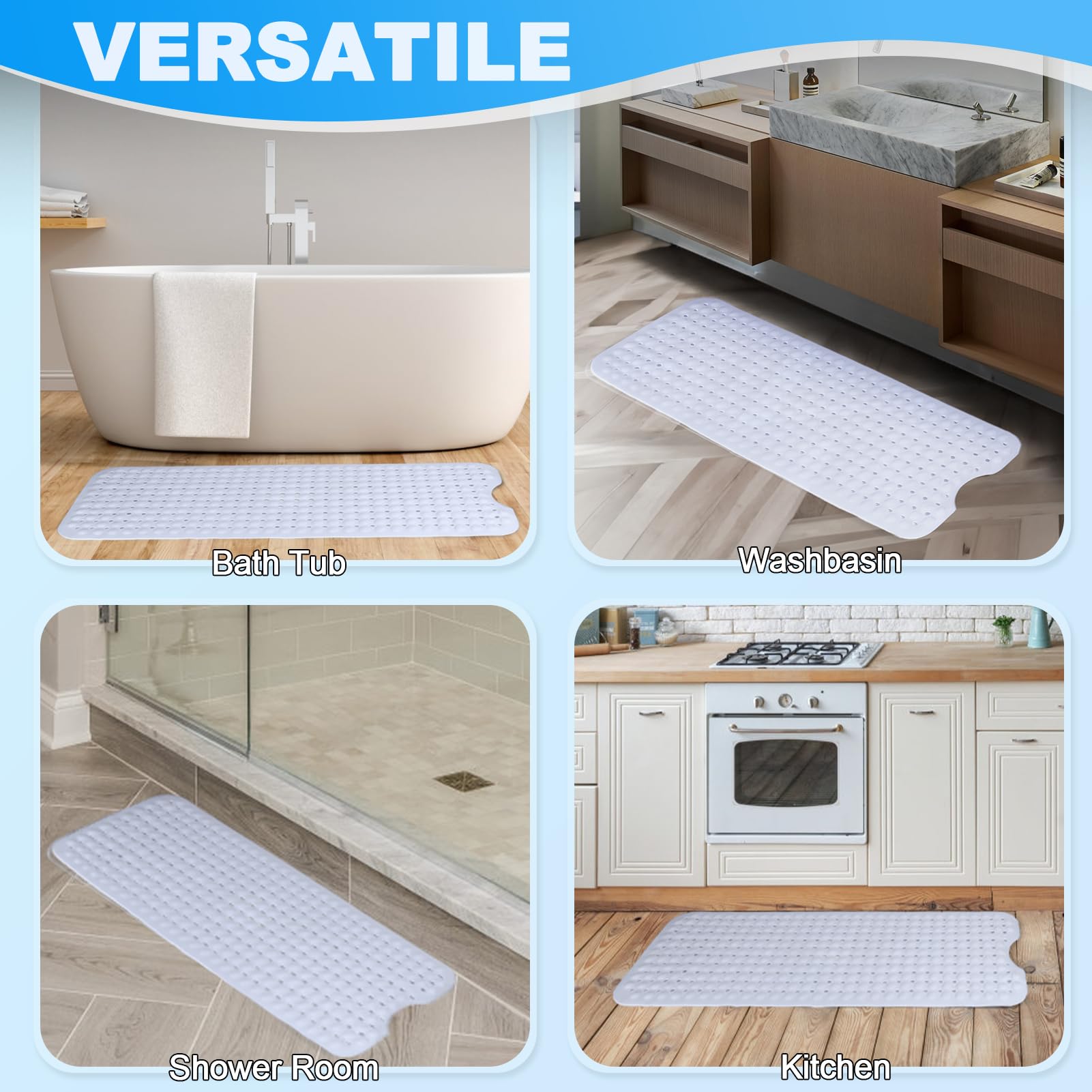 Linoows Bathtub and Shower Mats, Extra Long Non Slip Bath Mat 40 x 16 Inch, Bath Tub Mat with Suction Cups and Drain Holes for Bathroom, Machine Washable Soft Shower Floor Mat, White