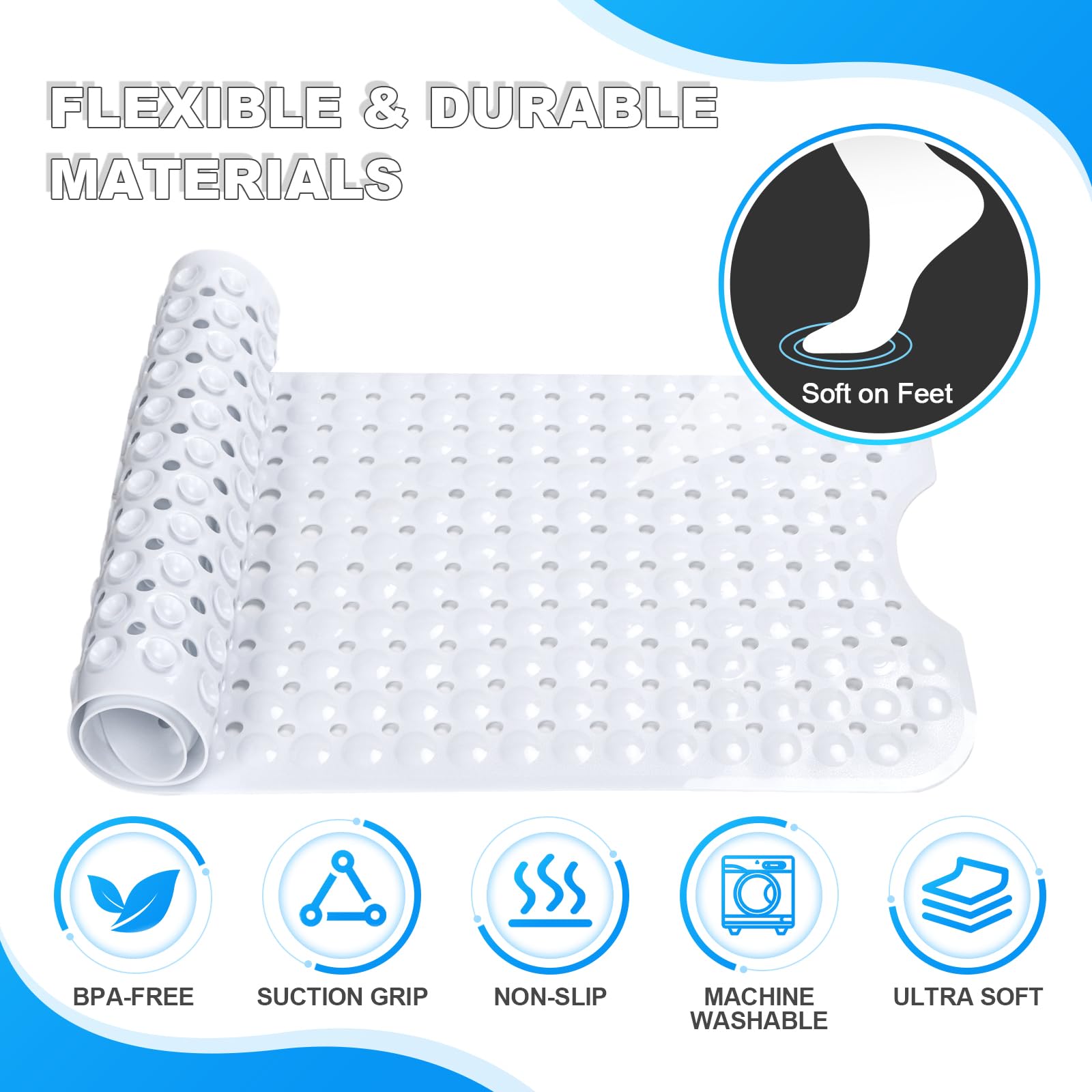 Linoows Bathtub and Shower Mats, Extra Long Non Slip Bath Mat 40 x 16 Inch, Bath Tub Mat with Suction Cups and Drain Holes for Bathroom, Machine Washable Soft Shower Floor Mat, White