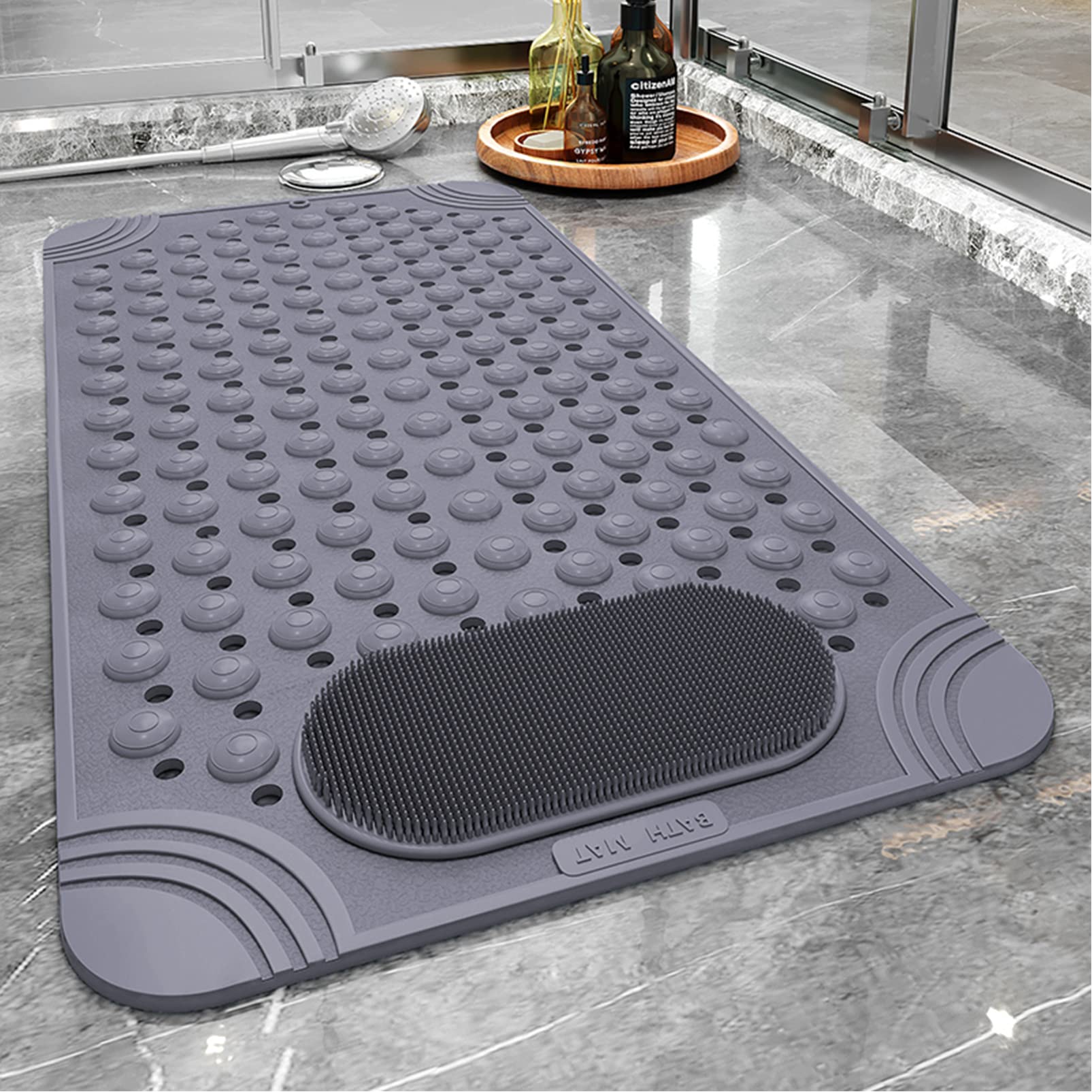 Shower and Bathtub Mat 27.5×14.2in, Rubber Non-Slip Shower Mat for Elderly & Kids , bathtub mat non slip with Drain Holes &Suction Cups, Bath Mat for Bathroom and Tub, Machine Washable, Grey