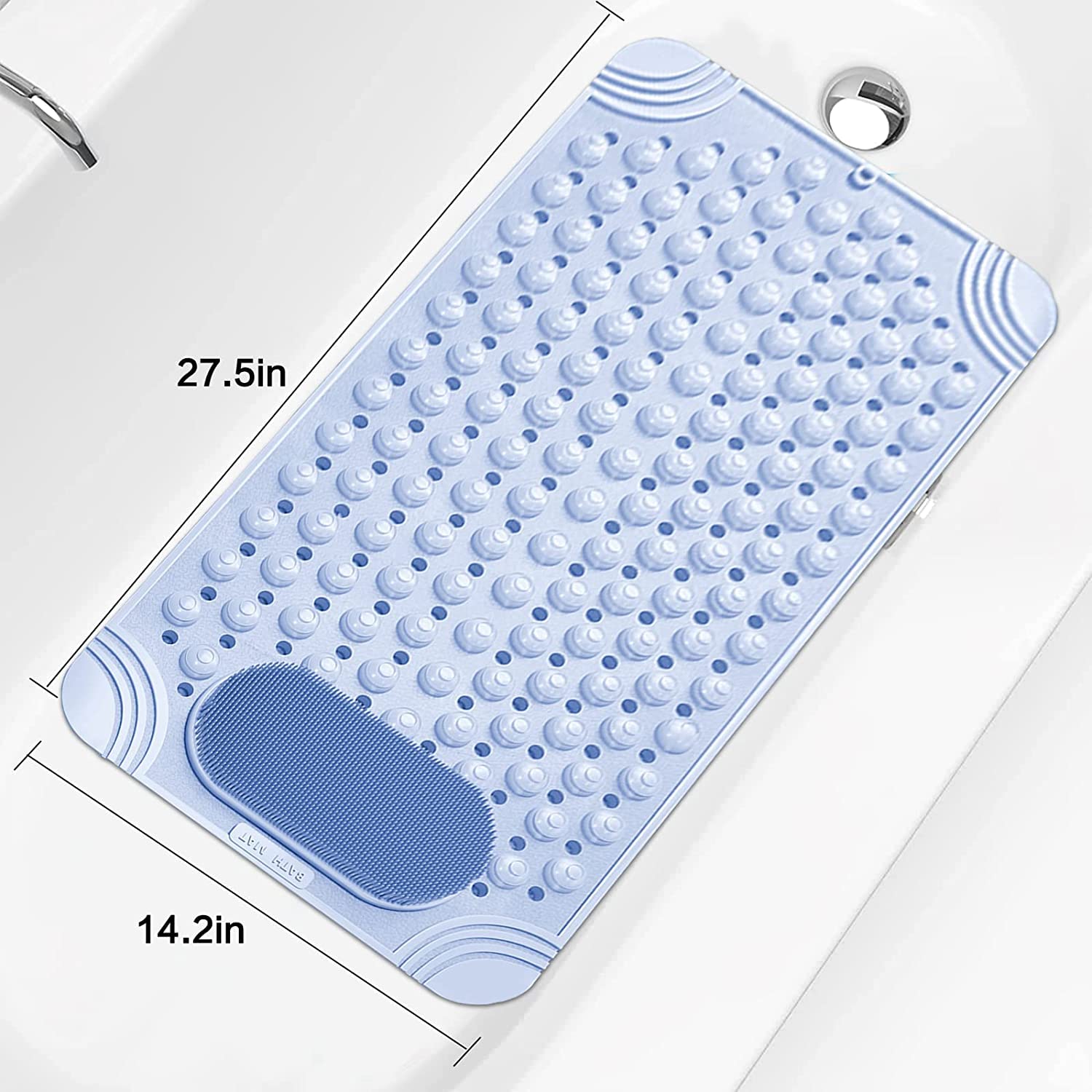 Shower and Bathtub Mat 27.5×14.2in, Rubber Non-Slip Shower Mat for Elderly & Kids , bathtub mat non slip with Drain Holes &Suction Cups, Bath Mat for Bathroom and Tub, Machine Washable, Grey