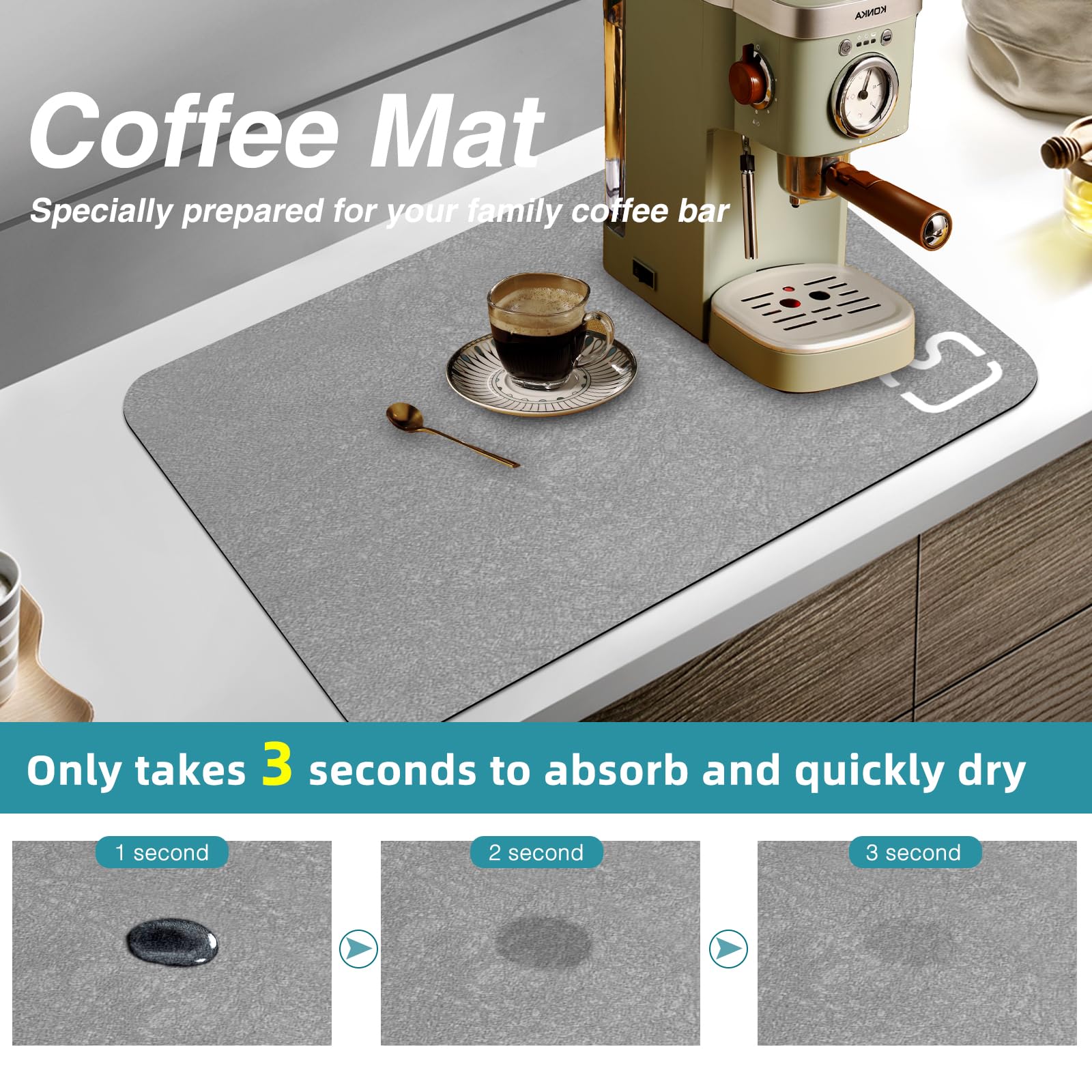 Coffee Mat Dish Drying Mat for Kitchen Counter Absorbent Rubber Backed Non Slip Dish Drying Mat Easy To Clean Dish Mat Quick Drying Mat for Coffee Machine Dish Rack (15.7"×19.6", Coffee)