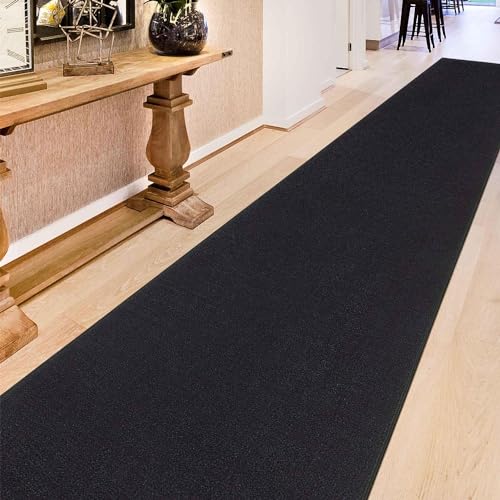 Machine Washable Modern Solid Design Non-Slip Rubberback 3x10 Traditional Runner Rug for Hallway, Kitchen, Bedroom, Living Room, 2'7" x 9'10", Black