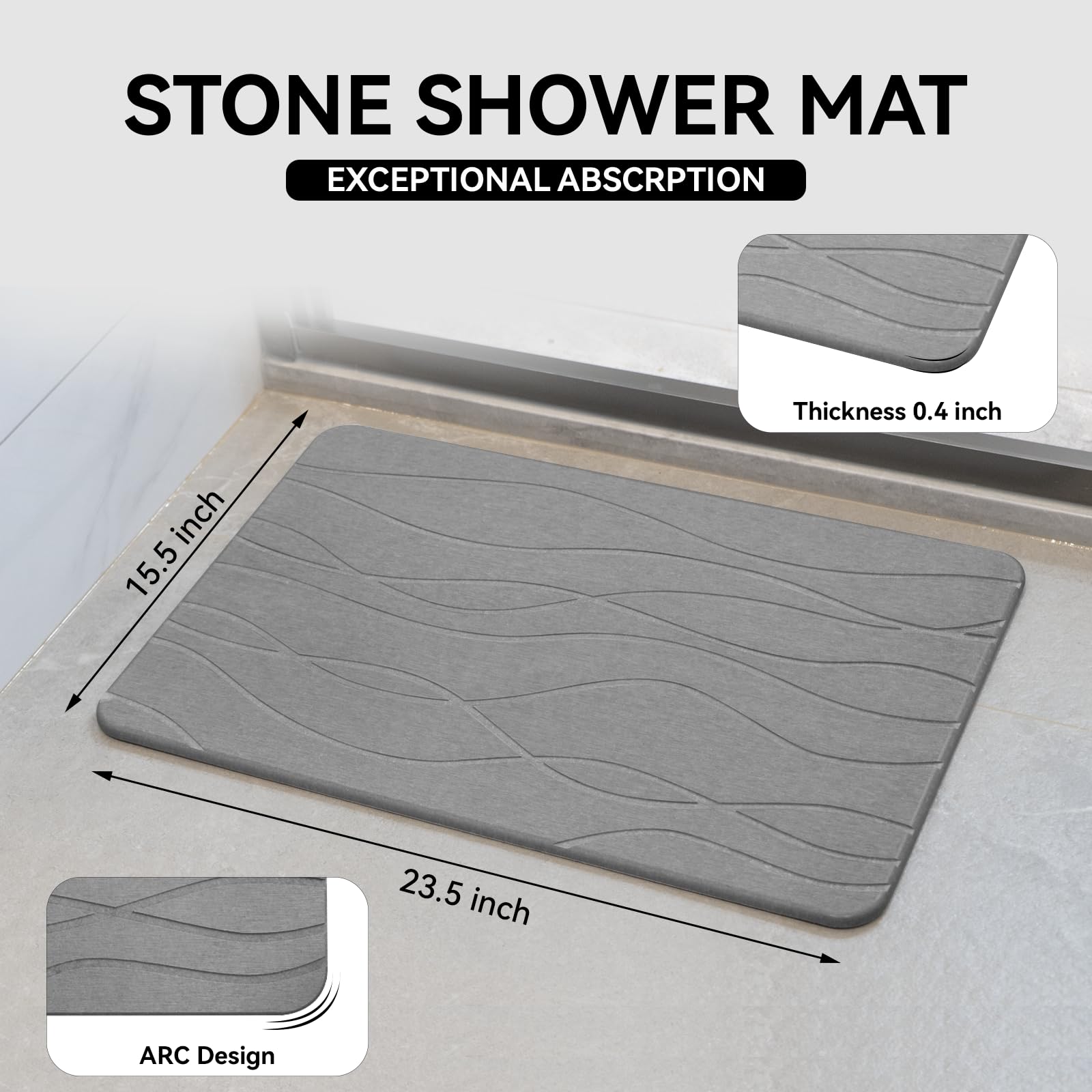 DIKENLAND Stone Bath Mat, Diatomaceous Earth Bath Mat Stone, Non-Slip Stone Shower Mat for Bathroom, Quick Drying Stone Bath Mat Large, Super Absorbent Bath Stone Mat 23.5" x 15.5"