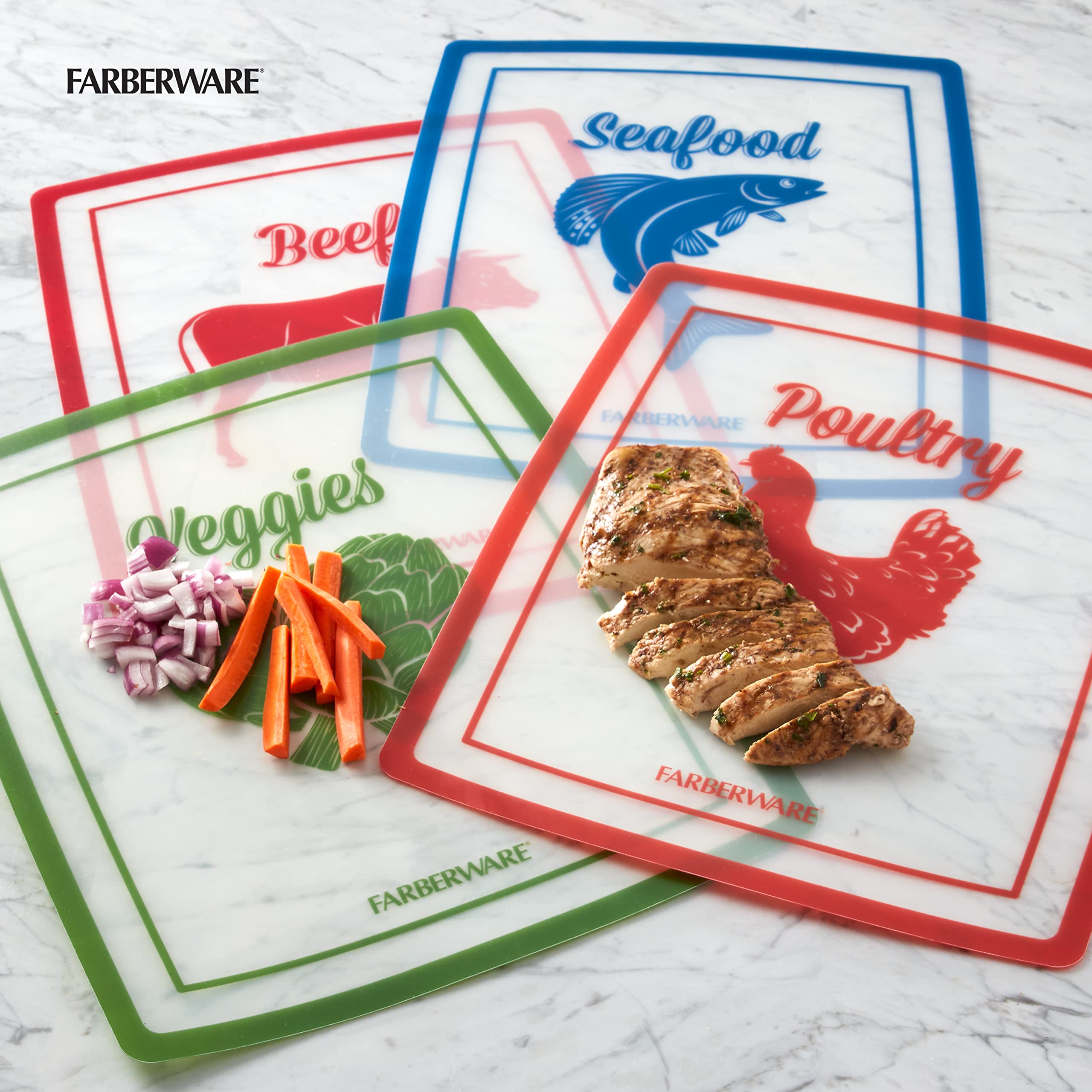 Farberware Non-Slip Flexible Cutting Mat Set, 4-piece, Orange/Green/Red/Blue