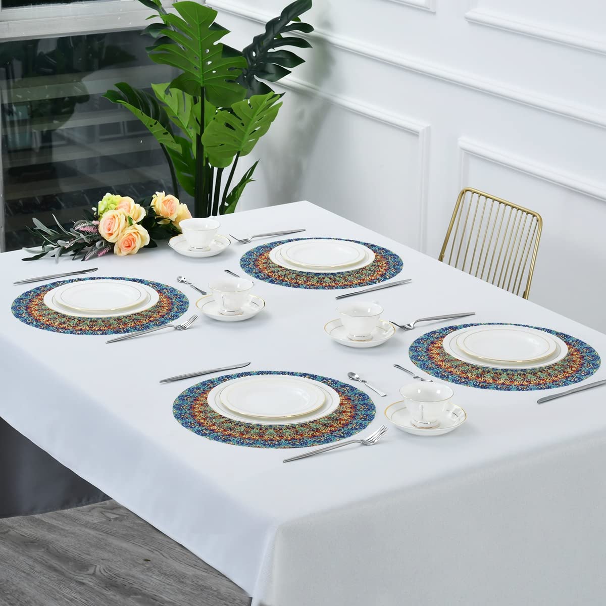 Qilmy Mandala Round Placemats Non-Slip Washable Polyester Table Mats Set of 1 Heat Resistant Placemats for Kitchen Dining Table Decoration