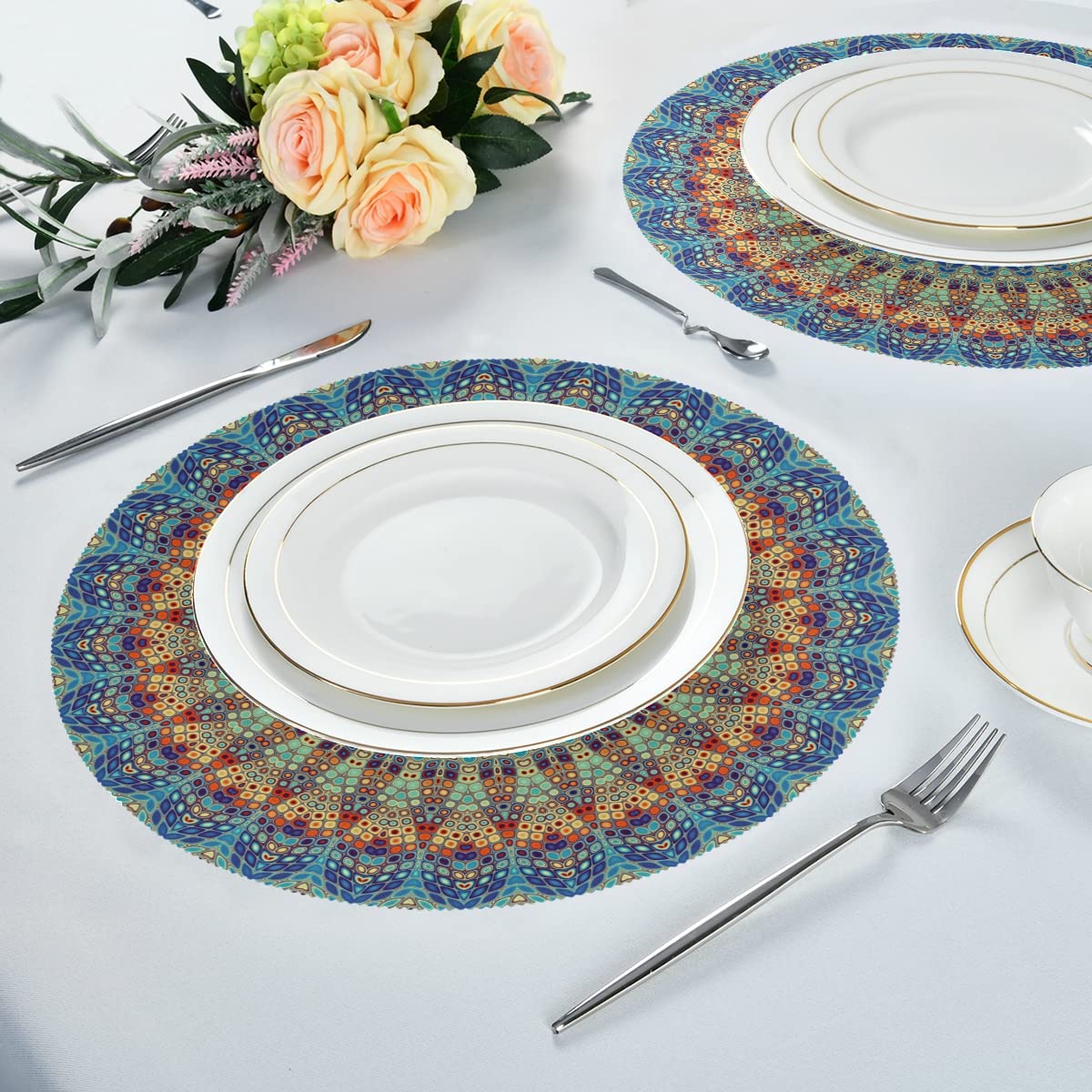 Qilmy Mandala Round Placemats Non-Slip Washable Polyester Table Mats Set of 1 Heat Resistant Placemats for Kitchen Dining Table Decoration