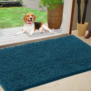 im home durable chenille absorbent outdoor doormat 24" x 36", muddy washable door mats for dog non slip indoor doormat front inside doormat for entryway, mud dog paws, patio teal blue