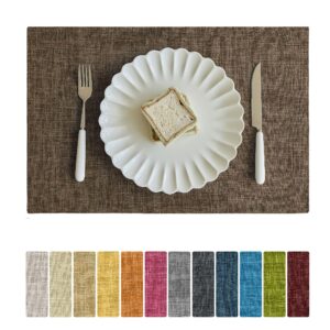 softalker faux linen placemats set of 6-12 x 18 inch, heat resistant double layered durable burlap farmhouse place mats, non-slip washable rustic table mats for dining, kitchen, party（brown