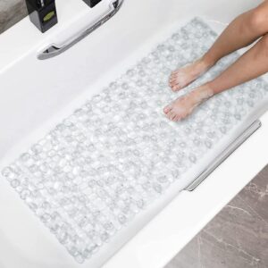 pebble shower mat non slip, 35 x 15.7 inch bathtub mat with suction cups, drainage holes for shower, tub, bathroom, machine washable (clear)