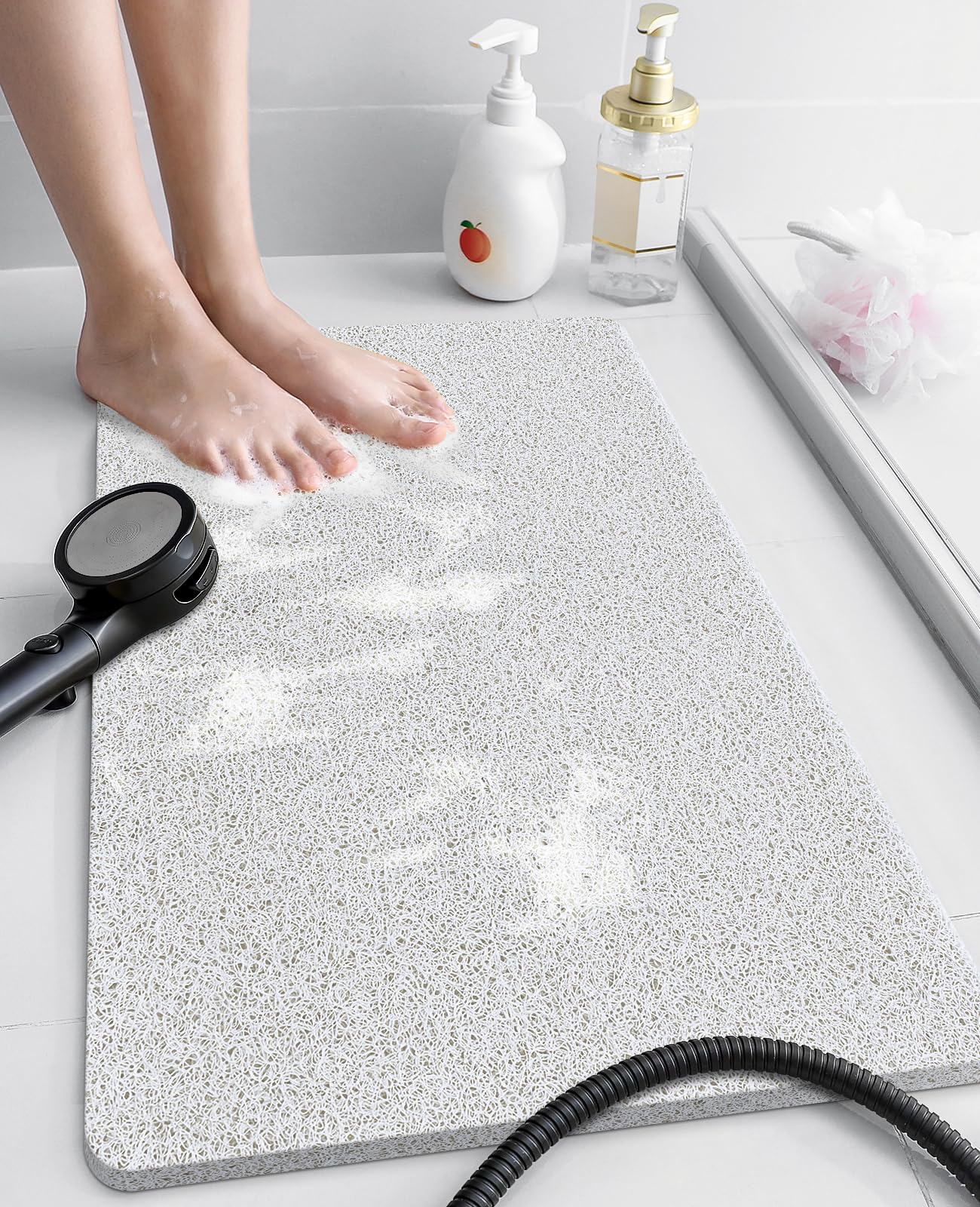 OTHWAY Shower Mat Non Slip without Suction Cups, Quick Drying Bathtub Mat Non Slip for Shower Bathroom, PVC Loofah Shower Mat for Wet Areas (White, 16" x 24")