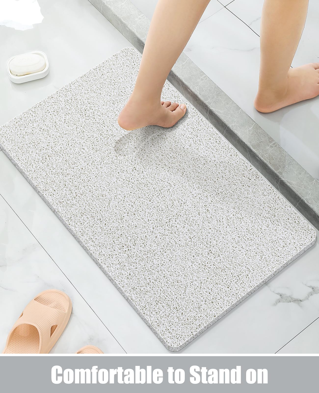 OTHWAY Shower Mat Non Slip without Suction Cups, Quick Drying Bathtub Mat Non Slip for Shower Bathroom, PVC Loofah Shower Mat for Wet Areas (White, 16" x 24")