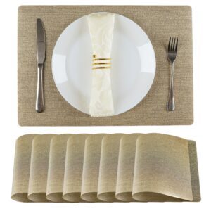 snowkingdom gold placemats set of 8, 17.7 x 11.8in metallic pressed vinyl placemats, non-slip heat-resistant washable pvc solid table place mats for dinner table decoration(brushed gold textured)