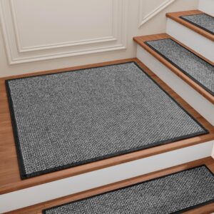 stair treads carpet for wooden steps, non slip landing mat rug whit rubber backing, polyester soft stairs resistant indoor skid runner safety rugs for family, absorbent washable 31" x 31" dark gray