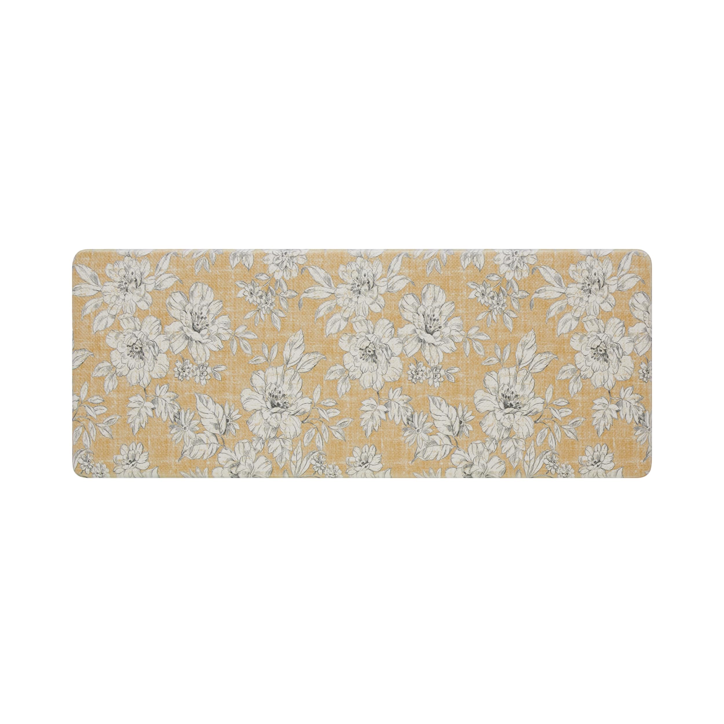 Laura Ashley - Anti-Fatigue Kitchen Mat, Iris Floral Design, Stain, Water & Fade Resistant, Cooking & Standing Relief, Non-Slip Backing, Measures 17.5" x 60", Tawny Yellow