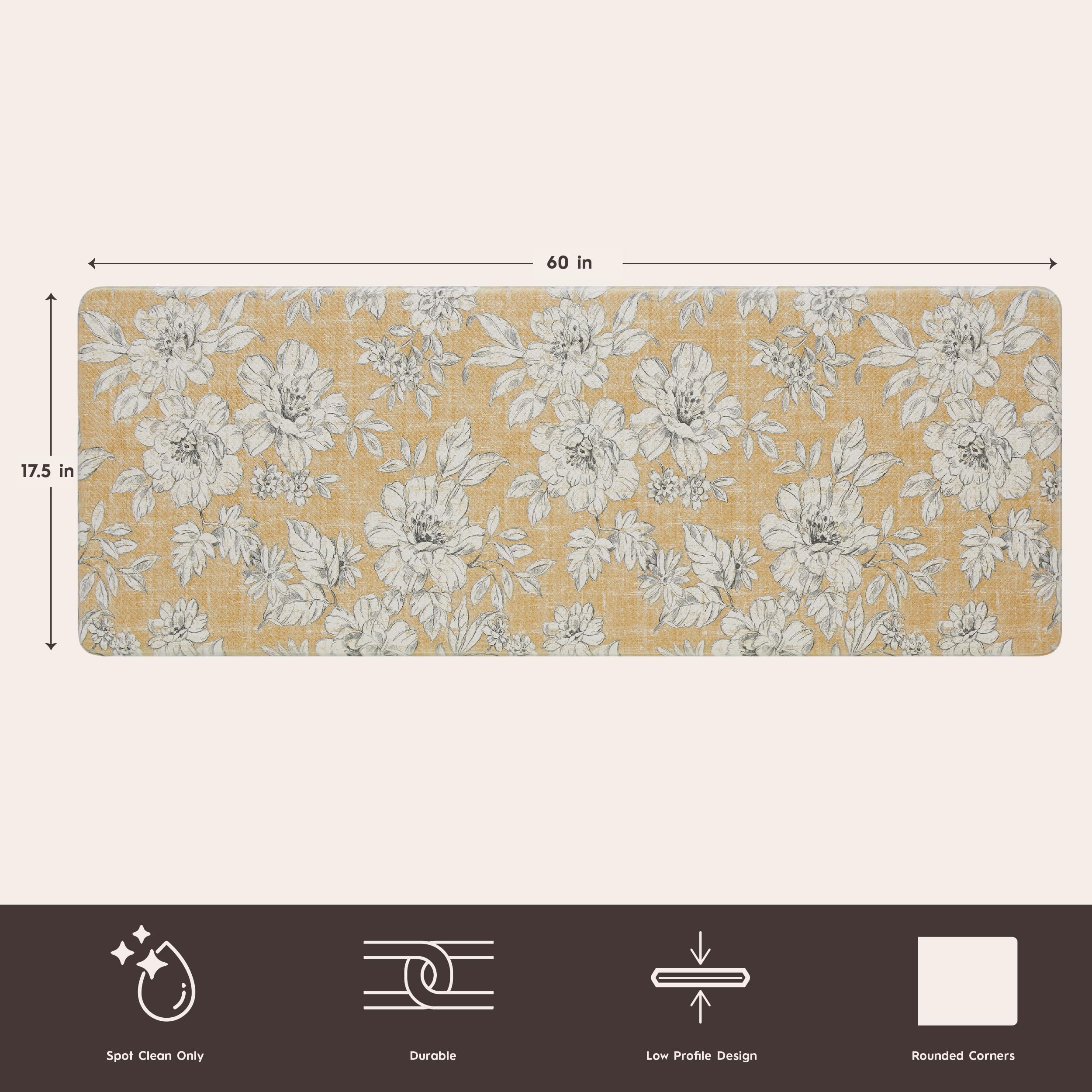 Laura Ashley - Anti-Fatigue Kitchen Mat, Iris Floral Design, Stain, Water & Fade Resistant, Cooking & Standing Relief, Non-Slip Backing, Measures 17.5" x 60", Tawny Yellow