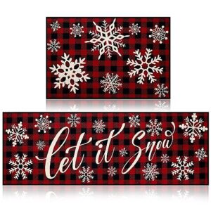 ceenna 2 pcs christmas decorative kitchen doormat let it snow doormat set merry christmas doormat washable non slip floor rugs red and black buffalo plaid floor mat for front porch door bathroom