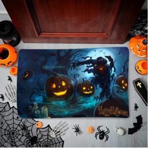 qocaofig halloween funny decoration door mat, skull indoor/outdoor entrance floor doormat, non slip halloween decor rubber welcome mats- (16 * 24, green pumpkin)