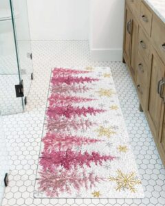 shower mat non slip bathtub mat pink christmas xmas tree golden snowflake bath mat soft loofah shower mats for shower tub bathroom quick drying foot mat, 16x36 inch