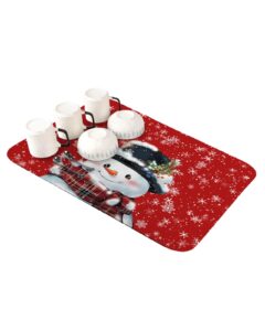 red snowman dish drying mat for kitchen counter, absorbent quick dry coffee bar mat pad thin diatomaceous sink mat non slip dish drainer mat 16''x24'' winter christmas buffalo plaid berry watercolor