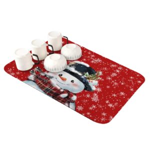 Red Snowman Dish Drying Mat for Kitchen Counter, Absorbent Quick Dry Coffee Bar Mat Pad Thin Diatomaceous Sink Mat Non Slip Dish Drainer Mat 16''x24'' Winter Christmas Buffalo Plaid Berry Watercolor