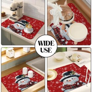 Red Snowman Dish Drying Mat for Kitchen Counter, Absorbent Quick Dry Coffee Bar Mat Pad Thin Diatomaceous Sink Mat Non Slip Dish Drainer Mat 16''x24'' Winter Christmas Buffalo Plaid Berry Watercolor