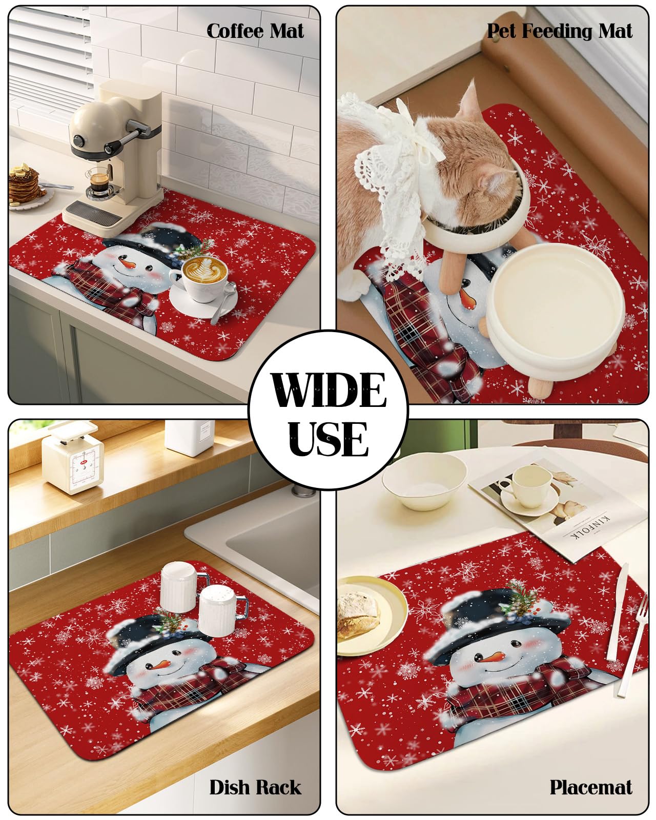 Red Snowman Dish Drying Mat for Kitchen Counter, Absorbent Quick Dry Coffee Bar Mat Pad Thin Diatomaceous Sink Mat Non Slip Dish Drainer Mat 16''x24'' Winter Christmas Buffalo Plaid Berry Watercolor