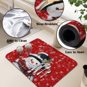 Red Snowman Dish Drying Mat for Kitchen Counter, Absorbent Quick Dry Coffee Bar Mat Pad Thin Diatomaceous Sink Mat Non Slip Dish Drainer Mat 16''x24'' Winter Christmas Buffalo Plaid Berry Watercolor