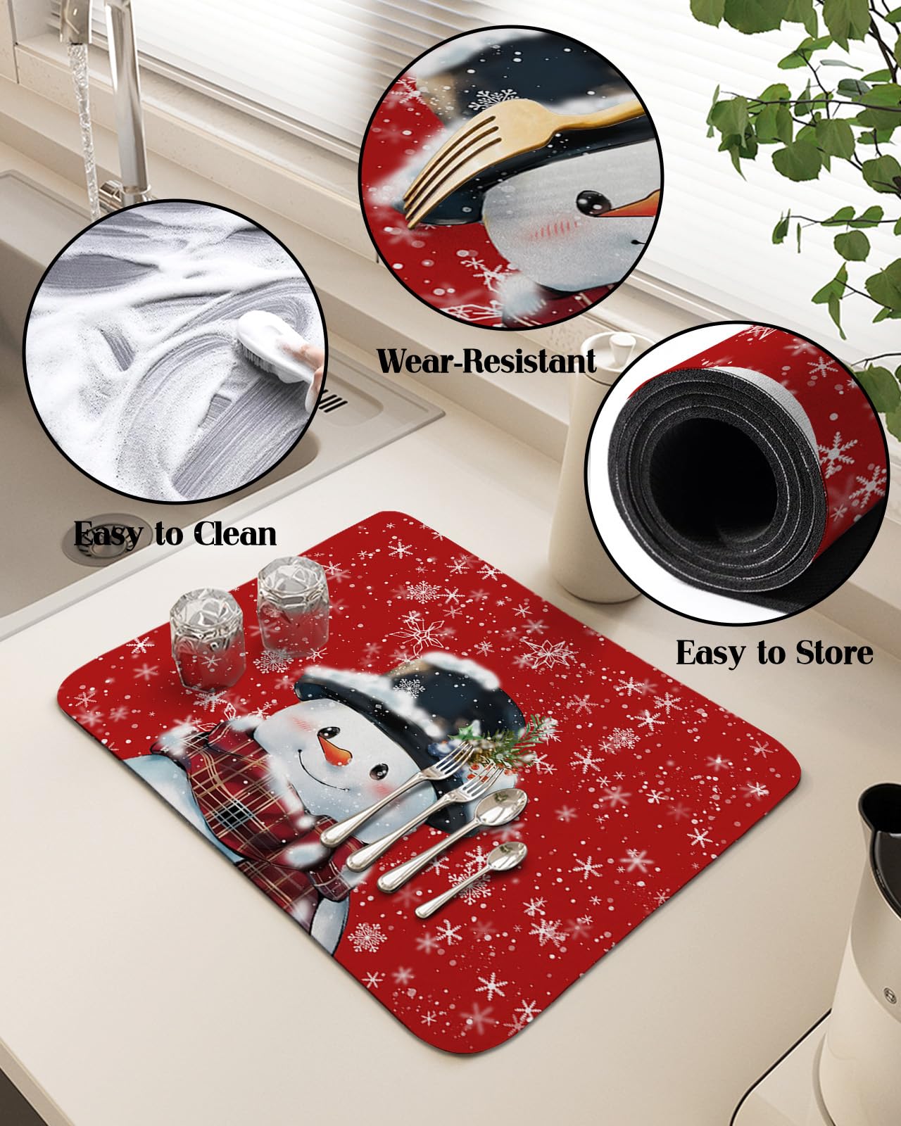 Red Snowman Dish Drying Mat for Kitchen Counter, Absorbent Quick Dry Coffee Bar Mat Pad Thin Diatomaceous Sink Mat Non Slip Dish Drainer Mat 16''x24'' Winter Christmas Buffalo Plaid Berry Watercolor