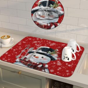 Red Snowman Dish Drying Mat for Kitchen Counter, Absorbent Quick Dry Coffee Bar Mat Pad Thin Diatomaceous Sink Mat Non Slip Dish Drainer Mat 16''x24'' Winter Christmas Buffalo Plaid Berry Watercolor