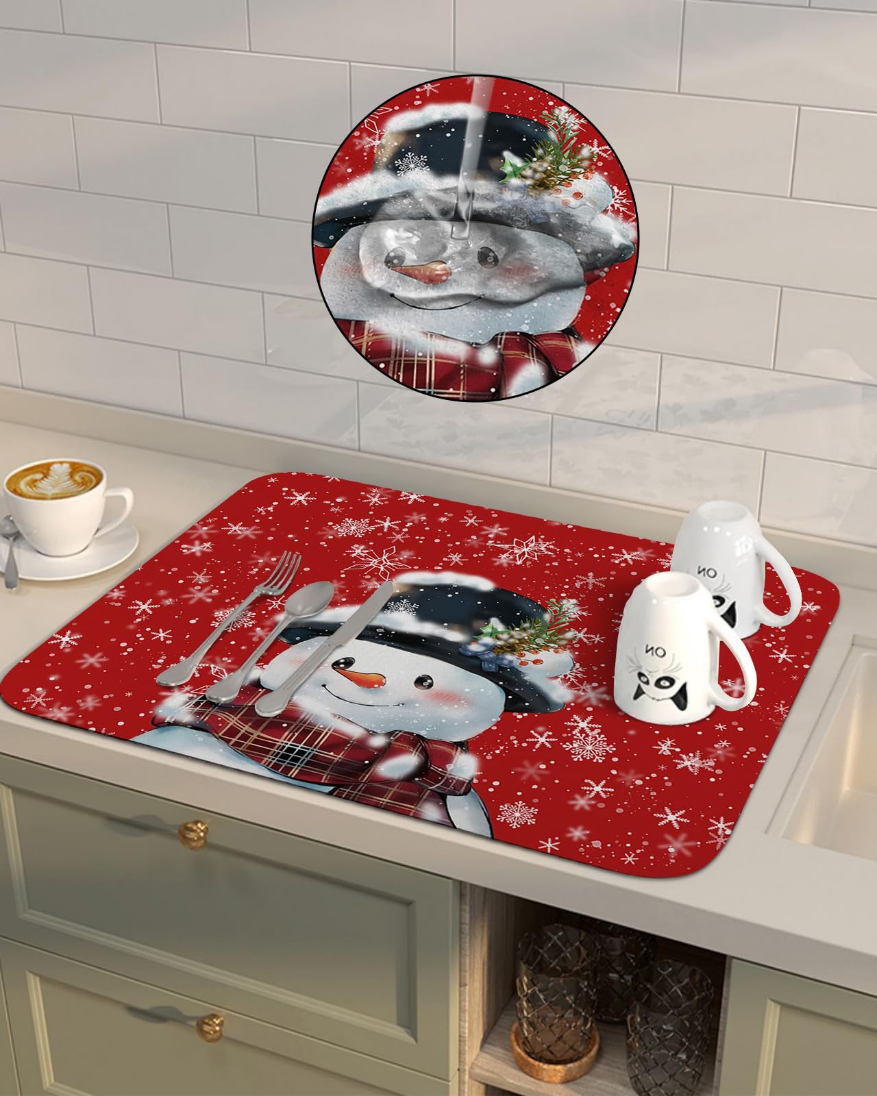 Red Snowman Dish Drying Mat for Kitchen Counter, Absorbent Quick Dry Coffee Bar Mat Pad Thin Diatomaceous Sink Mat Non Slip Dish Drainer Mat 16''x24'' Winter Christmas Buffalo Plaid Berry Watercolor