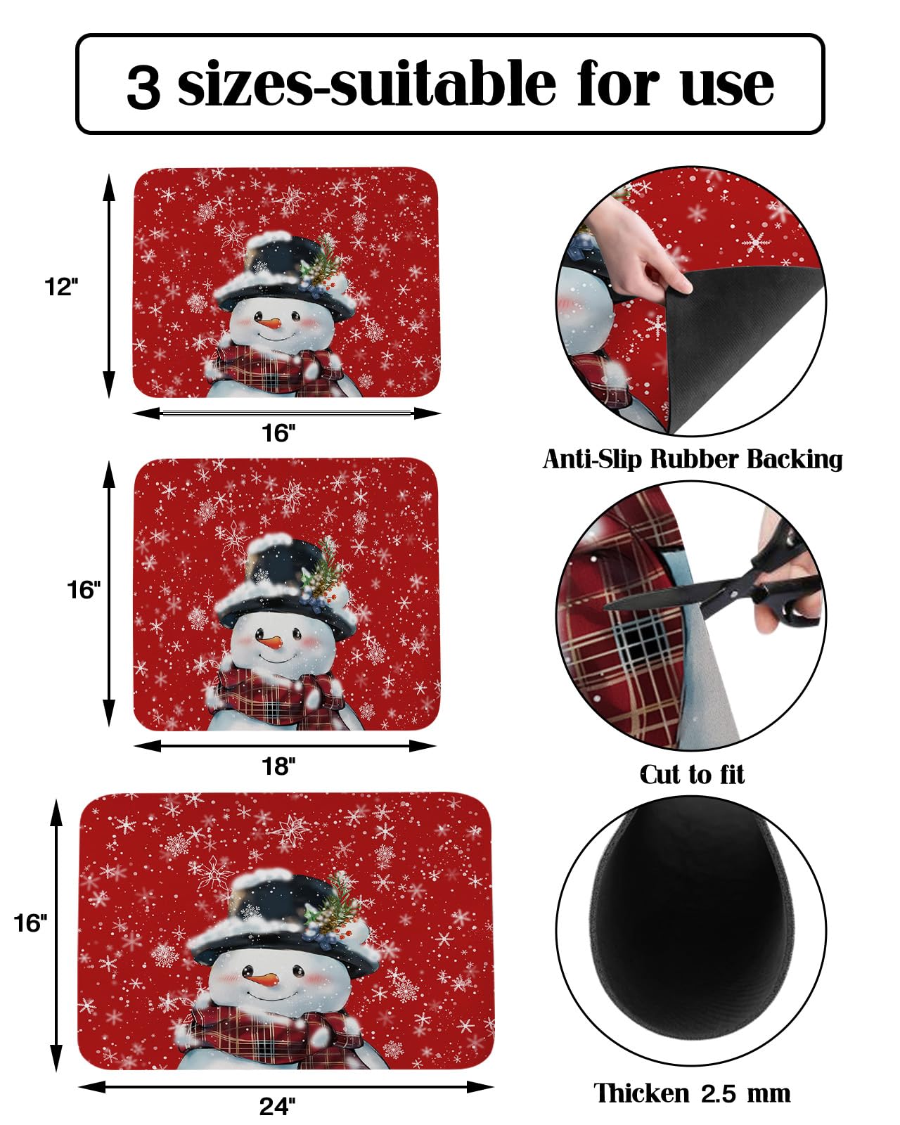 Red Snowman Dish Drying Mat for Kitchen Counter, Absorbent Quick Dry Coffee Bar Mat Pad Thin Diatomaceous Sink Mat Non Slip Dish Drainer Mat 16''x24'' Winter Christmas Buffalo Plaid Berry Watercolor