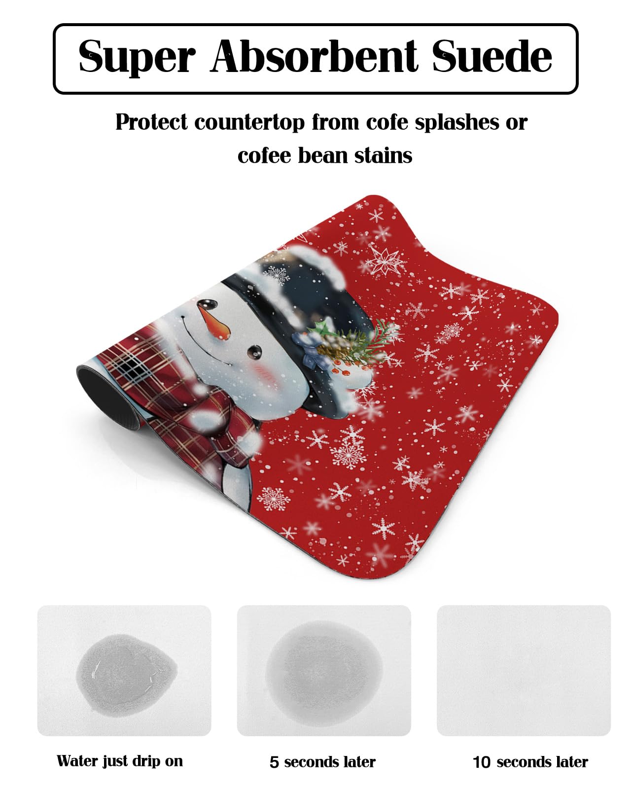 Red Snowman Dish Drying Mat for Kitchen Counter, Absorbent Quick Dry Coffee Bar Mat Pad Thin Diatomaceous Sink Mat Non Slip Dish Drainer Mat 16''x24'' Winter Christmas Buffalo Plaid Berry Watercolor