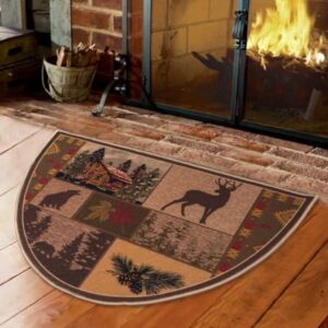 Cozy Floor Mats Fireplace Hearth Rug, Nature Cottage Bear Deer Elk, 26"x 39" Brown Beige Green Red, Half Circle, Fire Heat Resistant Mat, Half Moon Shape, Non Slip Kitchen Rug, Cabin Lodge 2'2"x 3'3"