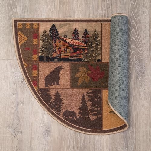 Cozy Floor Mats Fireplace Hearth Rug, Nature Cottage Bear Deer Elk, 26"x 39" Brown Beige Green Red, Half Circle, Fire Heat Resistant Mat, Half Moon Shape, Non Slip Kitchen Rug, Cabin Lodge 2'2"x 3'3"