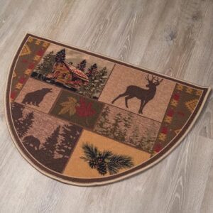 Cozy Floor Mats Fireplace Hearth Rug, Nature Cottage Bear Deer Elk, 26"x 39" Brown Beige Green Red, Half Circle, Fire Heat Resistant Mat, Half Moon Shape, Non Slip Kitchen Rug, Cabin Lodge 2'2"x 3'3"