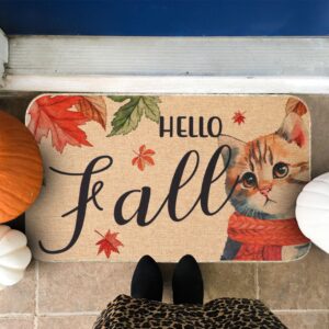 Sawowkuya Hello Fall Door Mat 30 X 17 Inch Fall Cat Doormat Indoor Outdoor Entrance Floor Mat Non Slip Autumn Thanksiving Decor Rubber Welcome Mats