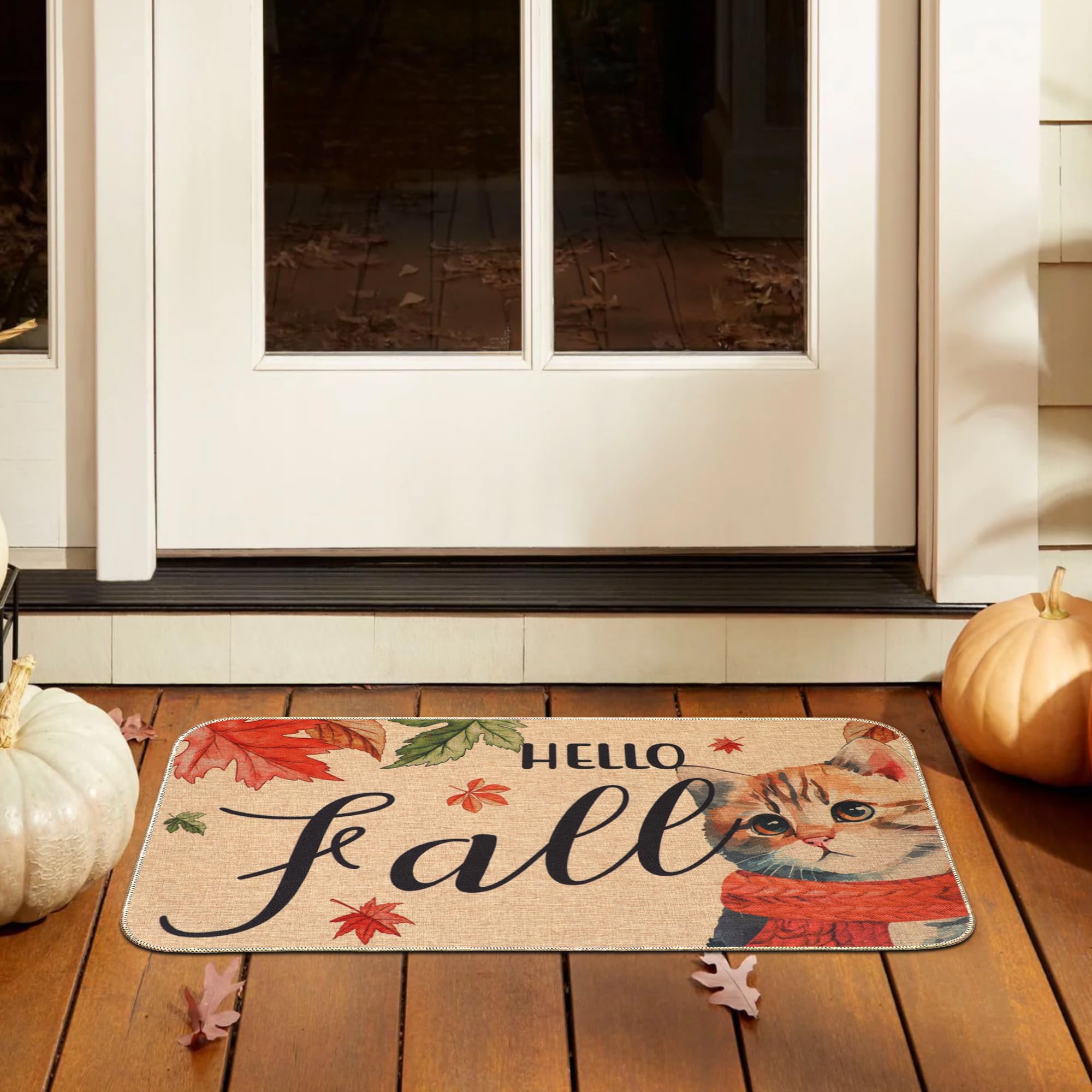 Sawowkuya Hello Fall Door Mat 30 X 17 Inch Fall Cat Doormat Indoor Outdoor Entrance Floor Mat Non Slip Autumn Thanksiving Decor Rubber Welcome Mats