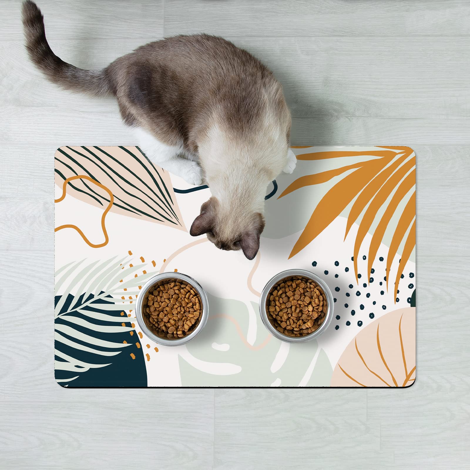 Rnivvi Dog Food Mat, 12"x19" Boho Dog Mat for Food and Water, Absorbent Dog Cat Bowl Mat Protect Floors, Cute Pet Food Mats for Dog Cat, Anti-Slip Rubber Pet Feeding Mat, Tropical Leaves Pet Placemat