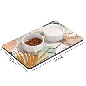 Rnivvi Dog Food Mat, 12"x19" Boho Dog Mat for Food and Water, Absorbent Dog Cat Bowl Mat Protect Floors, Cute Pet Food Mats for Dog Cat, Anti-Slip Rubber Pet Feeding Mat, Tropical Leaves Pet Placemat