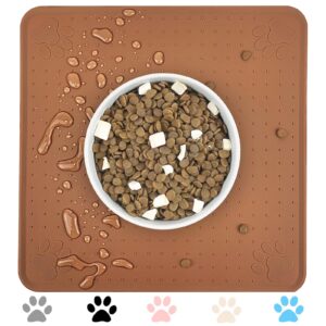 ptlom pet placemat for dog and cat, waterproof non-slip dogs bowl mat prevent food and water overflow, puppy dish feeding mats suitable for medium and small pets, silicone (13" *13", brown)