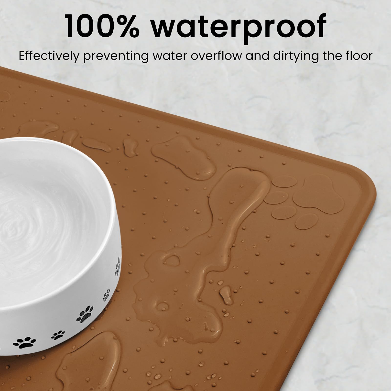 Ptlom Pet Placemat for Dog and Cat, Waterproof Non-Slip Dogs Bowl Mat Prevent Food and Water Overflow, Puppy Dish Feeding Mats Suitable for Medium and Small Pets, Silicone (13" *13", Brown)